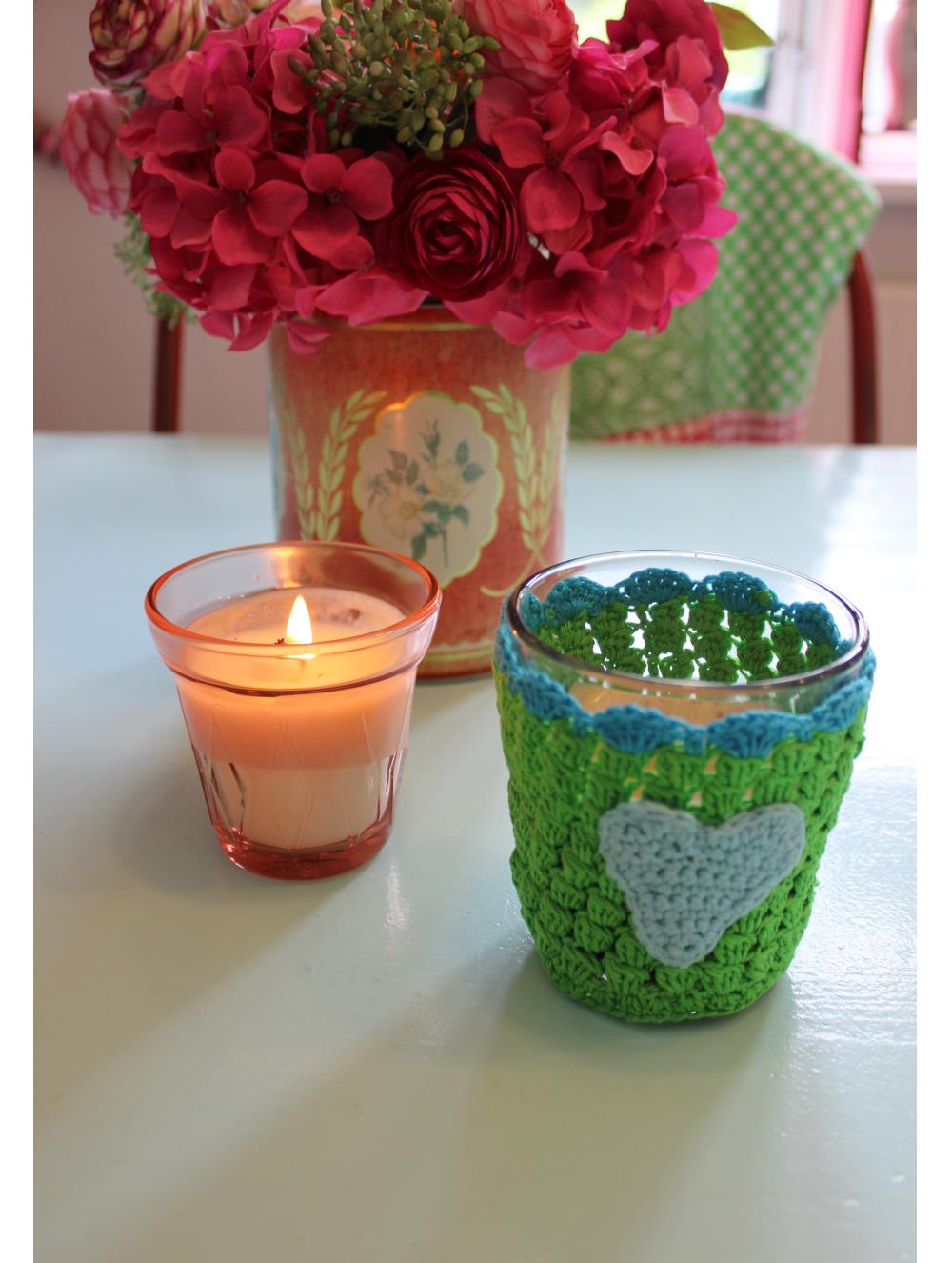 Kaffevarmer - Æblegrøn m/lyseblåt hjerte